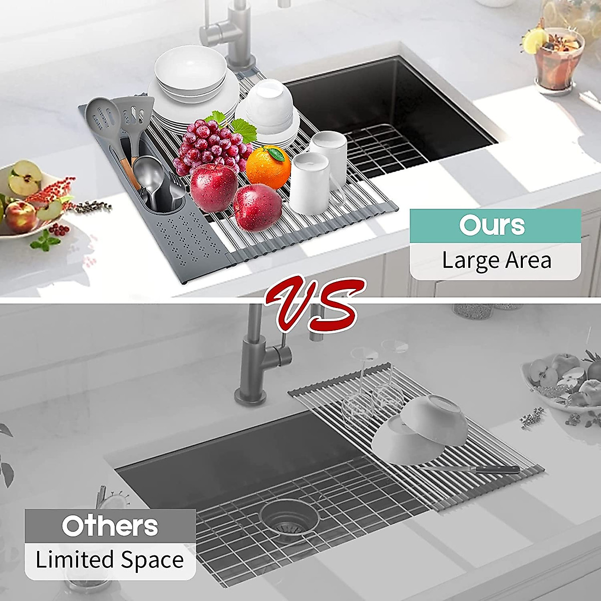 Techsea roll-up-Dish Drying Rack,Multipurpose Heat Resistant Over-The-Sink Dish Drying Rack, Stainless Steel Kitchen Sink Drying Rack (17.5" x 15.2")