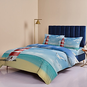 California King Duvet Covers Set Summer Ocean Beach Red Lighthouse 4 Pcs Bedding Sets Brushed Microfiber Quilt Covers Lightweight Cozy Flat Sheet with 2 Pillowcases Animal Seagulls Seascape Blue Sky