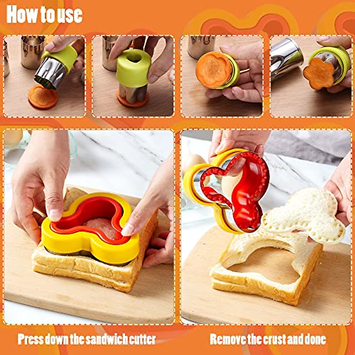 Sandwich Cutter and Sealer 12 Pcs - Fruit Vegetable Cutter Shapes - Bread Decruster Sandwich Pancake Uncrustables Maker DIY Cookie Cutters for Kids Lunch Bento Box - Heart Square Circle Mickey Mold