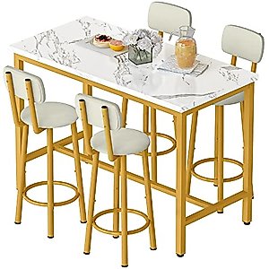 AWQM Faux Marble Dining Table with 4 PU Upholstered Chairs, 5-Piece Breakfast Table Bar Table and Backrest Chairs with Footrest, Kitchen & Dining Room Set for 4, Space Saving Furniture (White & Gold)