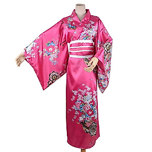 Women's Floral Print Traditional Japanese Kimono Goldfish OBI Blossom Costume Set Belt Robe