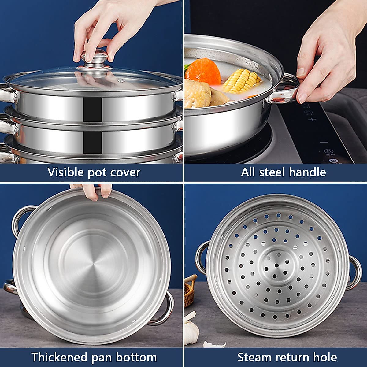 Steamer Pot for Cooking 3.0-Quart Steam Pot with Lid 2-tier Multipurpose Stainless Steel Steaming Cookware with Handle for Vegetable, Soups, Stews and Pasta