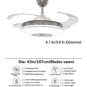 YEELED Light 42" Remote Control Retractable Reversible Ceiling Fans with 3 Changing Light Color Invisible Ceiling Fan Chandelier for Indoor Bedroom Ceiling Light Kits with Fans (42 Inch, Silver-02)