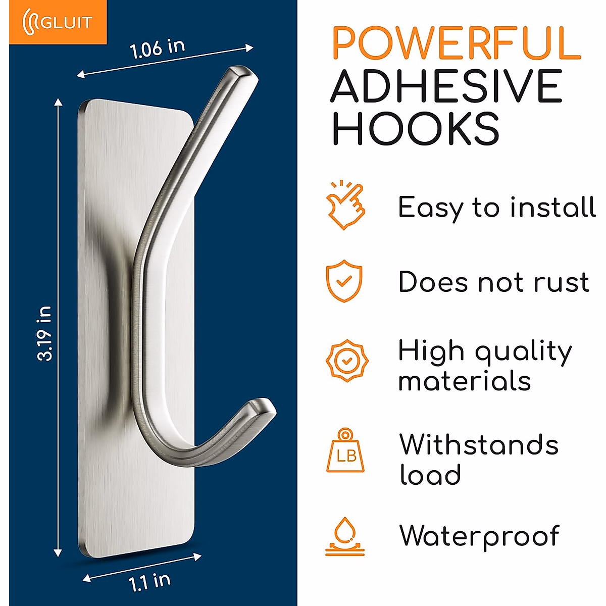 GLUIT Adhesive Towel Hooks for Bathroom Wall Hooks for Hanging Heavy Duty Coat Rack Sticky Hanger for Door Holder Durable Stainless Steel Chrome- 2 Pack