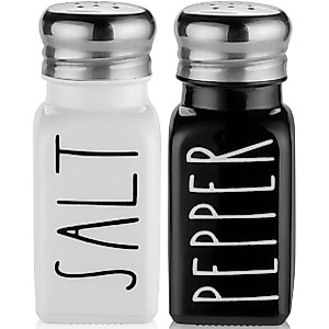 Farmhouse Salt and Pepper Shakers Set by Brighter Barns - Cute Modern Farmhouse Kitchen Decor for Home Restaurants Wedding - Gorgeous Vintage Glass Black White Shaker Sets with Stainless Steel Lids
