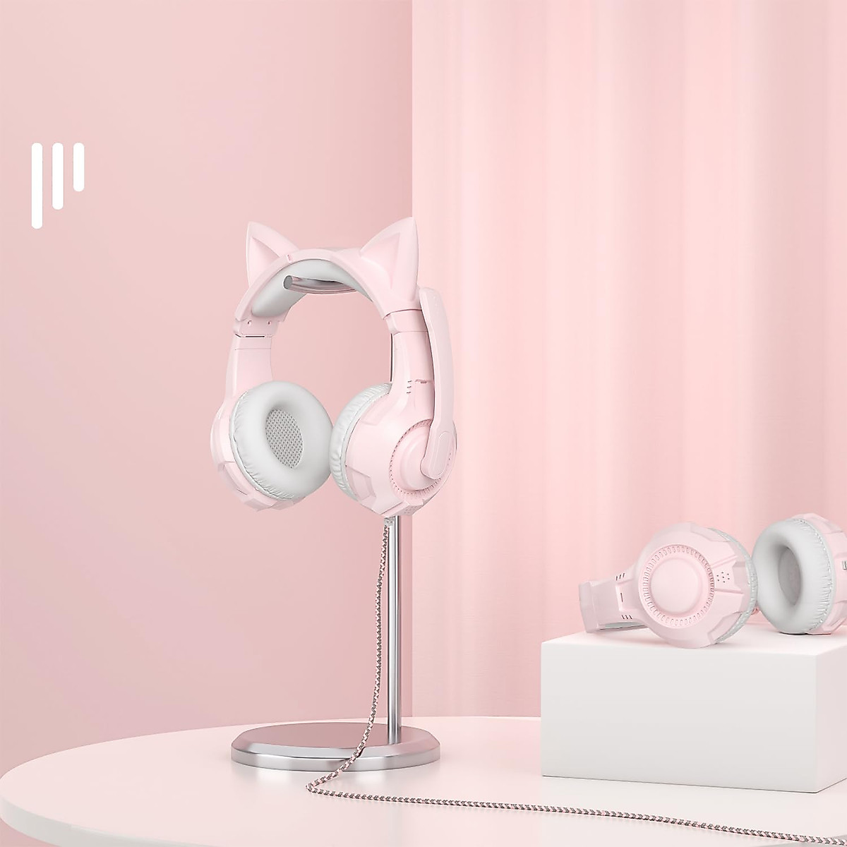 Pink Cat Ear Headphones Over Ear for Gaming PC, 3.5mm Wired Gaming Headset with Noise Cancelling Mic, Soft Memory Earmuffs Stereo Headset for PS4, PS5, Xbox, Laptop, Mac, Tablet, Smartphone