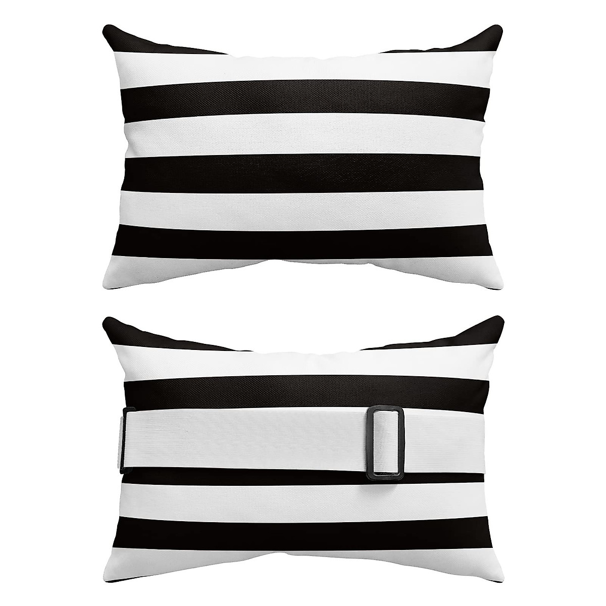 Outdoor Pillow for Chaise Lounge Chair, Simple Stripe Black and White Waterproof Headrest Pillow Lumbar Pillows with Insert & Adjustable Elastic Strap for Beach, Poolside, Patio, Office (1 Pack)