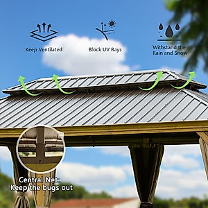 Domi Outdoor Living 14’x20’ Hardtop Gazebo, Wooden Coated Aluminum Frame Canopy with Galvanized Steel Double Roof, Outdoor Permanent Metal Pavilion with Curtains and Netting for Patio, Deck and Lawn