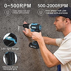 WESCO 20V Cordless Hammer Drill with Safety Clutch, Power Brushless Drill Driver Set with 13 Pcs Drill Bits, 2-Mode Variable Speed Rotary Hammer with Carrying Bag Use for Concrete, Metal, and Stone