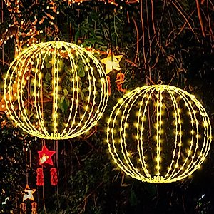 Gulfmew Christmas Ball Light, 16 Inch 8 Modes Large Hanging Tree Globe Light, Foldable Iron Frame Ball Light with Plug Charging for Christmas Yard Patio Garden Decoration Ornament (2 Pack)