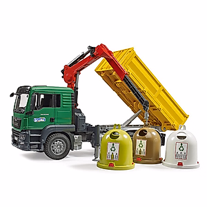Bruder 03753 Man TGS Truck with Loading Crane, 3 Recycling Containers and Bottles