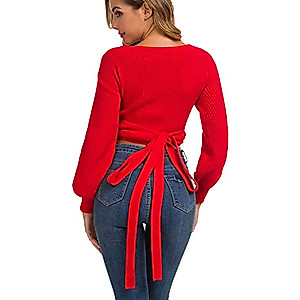 Women Knitted Crop Deep V-Neck Long Sleeve Pullover Cross Wrap Front Loose Sweater