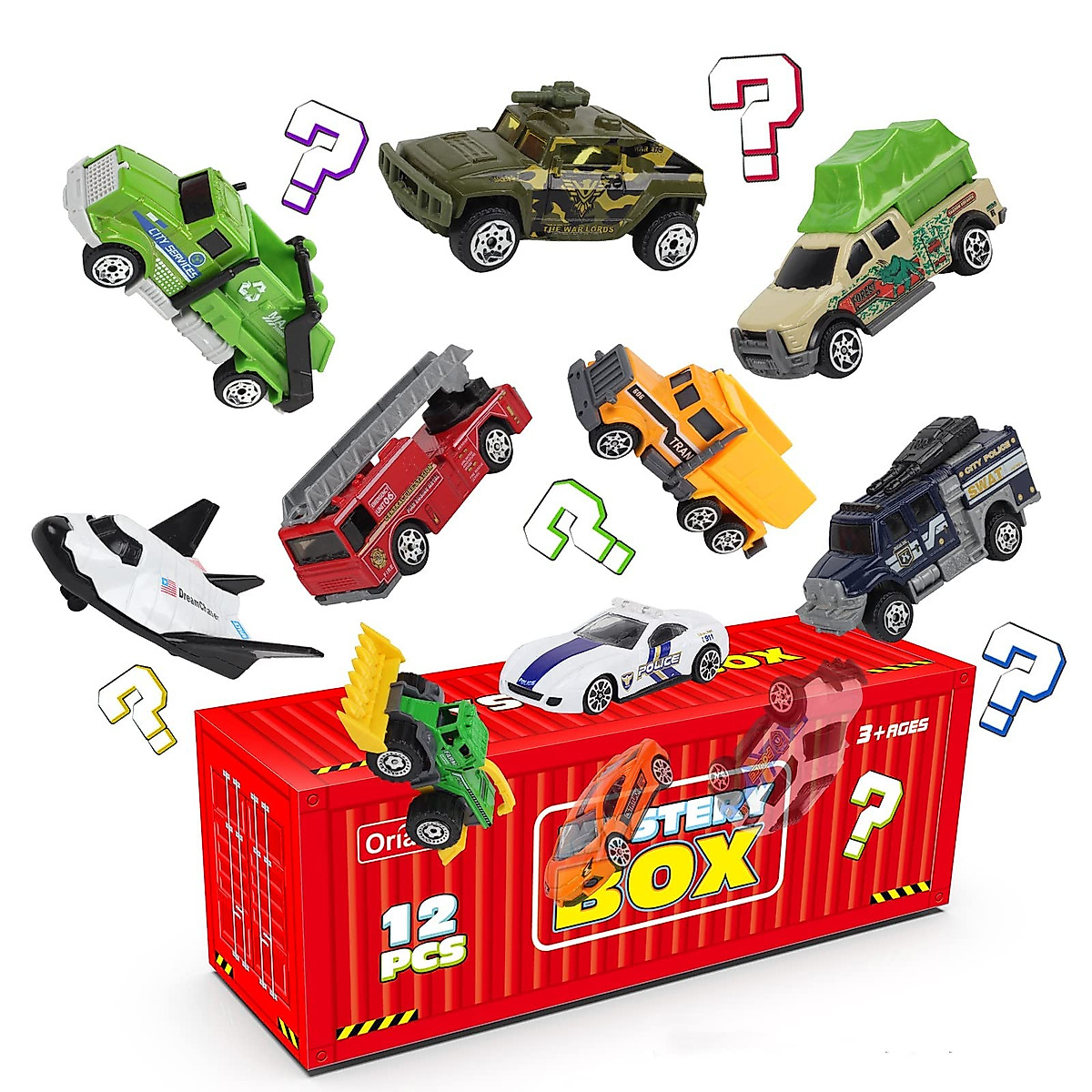 Oriate Diecast Toy Cars Set for 3 4 5 6 7 8 Year Old Boys, 12 Pack Mini Metal Cars 1/64, 12 Theme in one Set Blind Box Edition- Include Farm, Space Ship, Truck for Children Birthday Party Decor Gifts