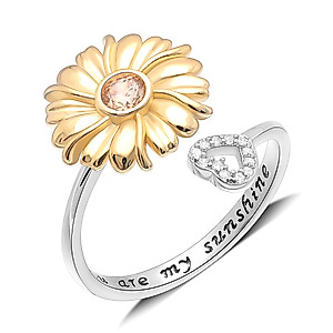 Sunflower Adjustable Ring by Ginger Lyne Champagne Cubic Zirconia Sterling Silver Rings for Women You Are My Sunshine Heart Bendable Wrap Love Promise Fashion Jewelry