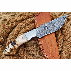 HUNTEX Handmade Hand-Forged Twist Pattern Damascus Steel 9 Inch Long Full Tang Natural Ram Horn Handle Razor Sharp Hunting Camping Boot Knife w/Genuine Leather Pouch
