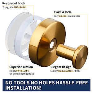 Neknock Suction Cup Hooks for Shower, Towel Hooks for Bathroom Kitchen Glass Mirror Tile, Stainless Steel Suction Hooks for Hanging Towel Coat Loofah Robe up to 15 lbs, 2 Pack (Gold)