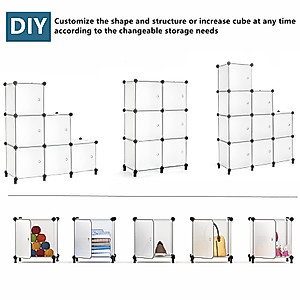 AWTATOS Storage Cube Organizer with Doors, Stackable Closet Shelf for Bedroom, Clothes Shelving Rack, DIY Square 6 Cubes Bookcase, Plastic Space Saver for Home, Living Room, Office, Translucent White