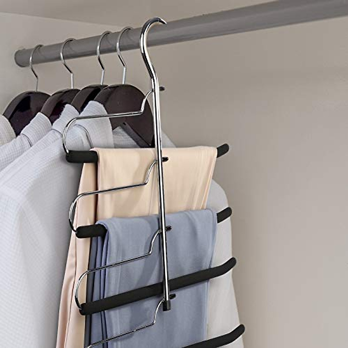 HOUSE DAY Pants Hangers 4 Layers Space Saving Multi Functional Pants Rack Non-Slip Clothes Closet Storage Organizer for Pants Jeans Trouser Skirts Scarf Black (4 Pack)