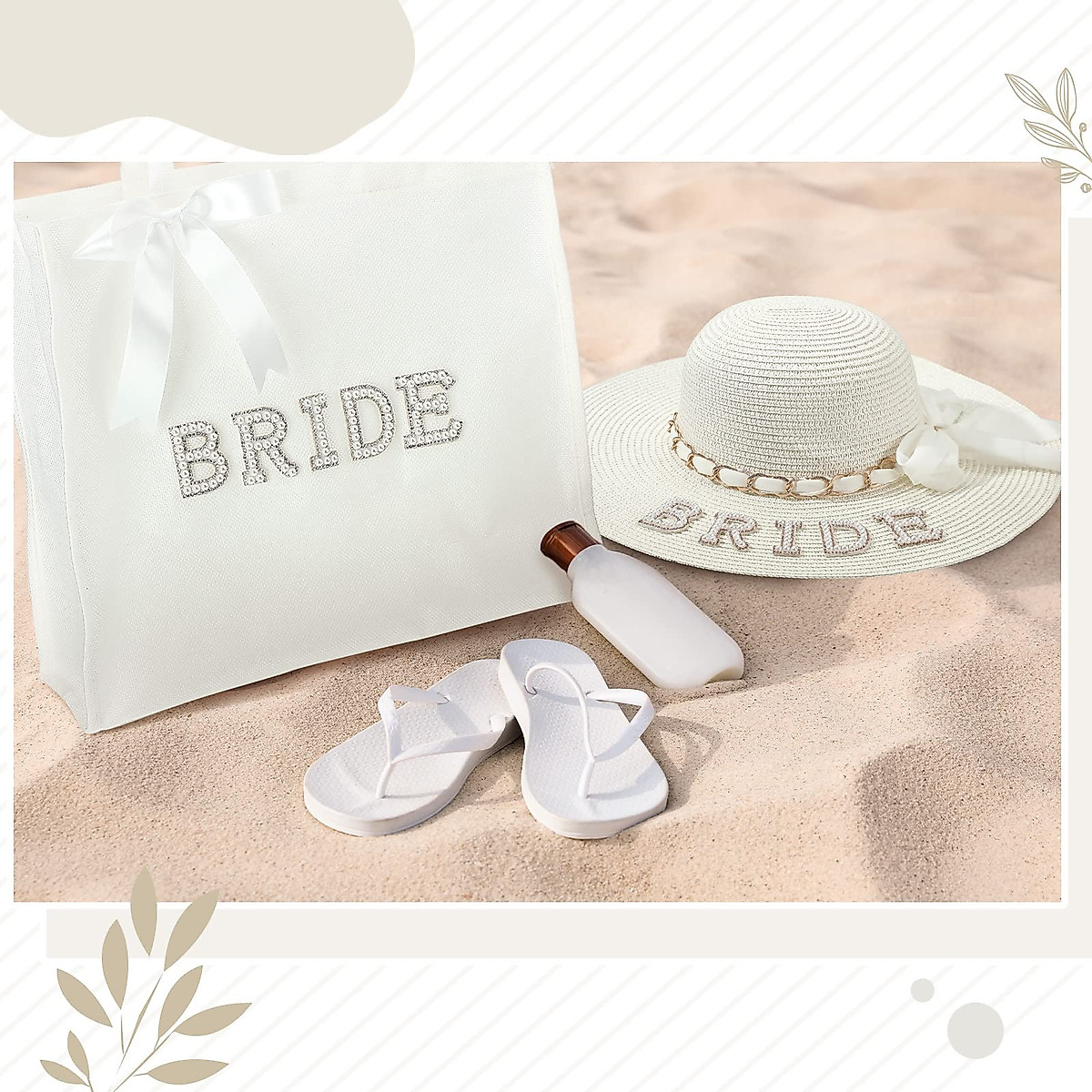 Chunful 3 Pcs Bride Tote Bag Sun Hat Glasses Set Bachelorette Gifts for Bride Jute Burlap Bag with Handles for Honeymoon(White)