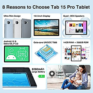 Blackview 10.5 inch Android 12 Tablet, Widevine L1, 14GB+256GB/TF 1TB, 8280mAh Battery, 13MP+8MP Cameras, Octa-Core Gaming Tablet with Stylus, FHD+ IPS Screen/5G WiFi/Quad Speakers/GPS-Tab 15 Pro Blue