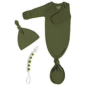 Newborn Baby Knotted Gown, Super Soft Silky Infant Long Sleeve Sleeper for Baby Girl and Boy Sleeping Bag with Mittens and Hat Set (Extra Long)