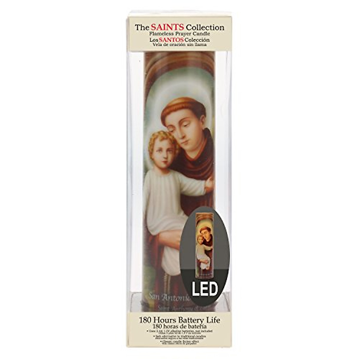 The Saints Collection St. Anthony Flickering LED Prayer Candle, Prayer in English and Spanish, Unique Religious Decoration for Prayer Alter, Mantle, or Any Room in the Home