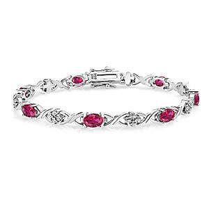 Gem Stone King 925 Sterling Silver Red Created Ruby Tennis Bracelet For Women (4.00 Cttw, Gemstone July Birthstone, Oval 6X4MM, 7 Inch)