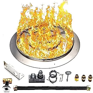 Dreffco Stainless Steel Fire Pit Burner Pan & Ring Standard Kit with Spark Ignition for Natural Gas, 36-Inch Pan, 30-Inch Ring, 200,000 BTU Max