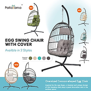 Patiorama Indoor Outdoor Egg Swing Chair with Stand, Patio Grey Wicker Rattan Hanging Chair with Rope Back, Cushion,Cover,All Weather Foldable Hammock Chair for Bedroom, Garden (Light Grey)
