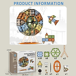 Jofarstep Magnetic Tiles 55 Pcs Set for Kids 3D Magnet Building Blocks Educational STEM Toys for Kids Preschool (55 PCS)