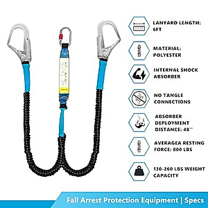 6ft Internal Shock Absorbing Safety Lanyard with Double Snap Hook Connectors, Fall Protection Equipment