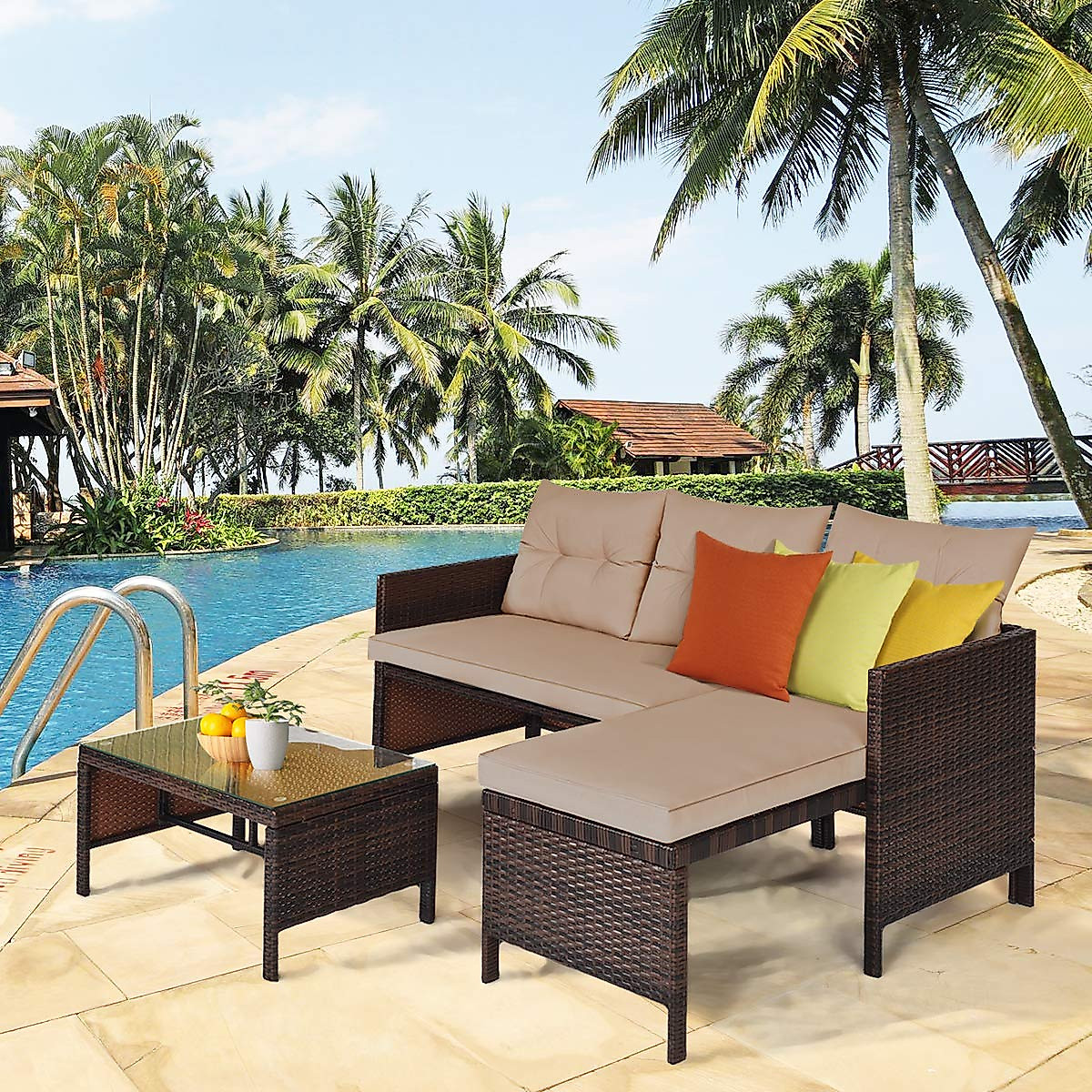 HAPPYGRILL 3-Piece Outdoor Rattan Sectional Sofa Set Patio Wicker Rattan Conversation Furniture Set, Steel Frame & Seat Cushion, Perfect for Garden Lawn Pool Backyard
