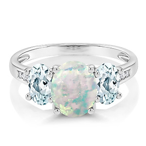 10K White Gold White Simulated Opal Sky Blue Aquamarine and White Diamond Oval 3-Stone Engagement Ring For Women (1.91 Cttw, Gemstone October Birthstone, Available In Size 5, 6, 7, 8, 9)