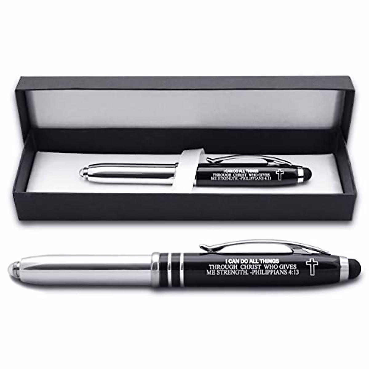 Philippians 4:13 Christian Gift Pen with Engraved Inspirational Bible Verse -"I Can Do All Things Through Christ Who Gives Me Strength" - Religious 3-in-1 Scripture Jesus Pen with LED Light and Stylus