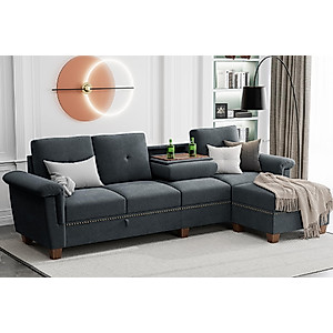 JAMFLY Sectional Couches for Living Room L Shaped Couch with Storage, 4-Seat Convertible Sectional Sofa Couch with Ottoman, Living Room Furniture Sets with Cup Holders, Dark Gray
