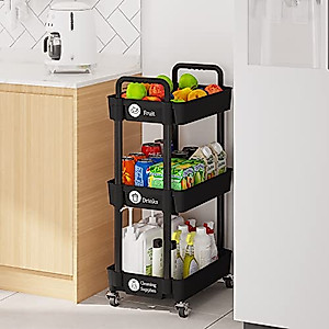 Laiensia 3-Tier Storage Cart,Multifunction Utility Rolling Cart Kitchen Storage Organizer,Mobile Shelving Unit Cart with Lockable Wheels for Bathroom,Laundry,Living Room,With Classified Stickers,Black