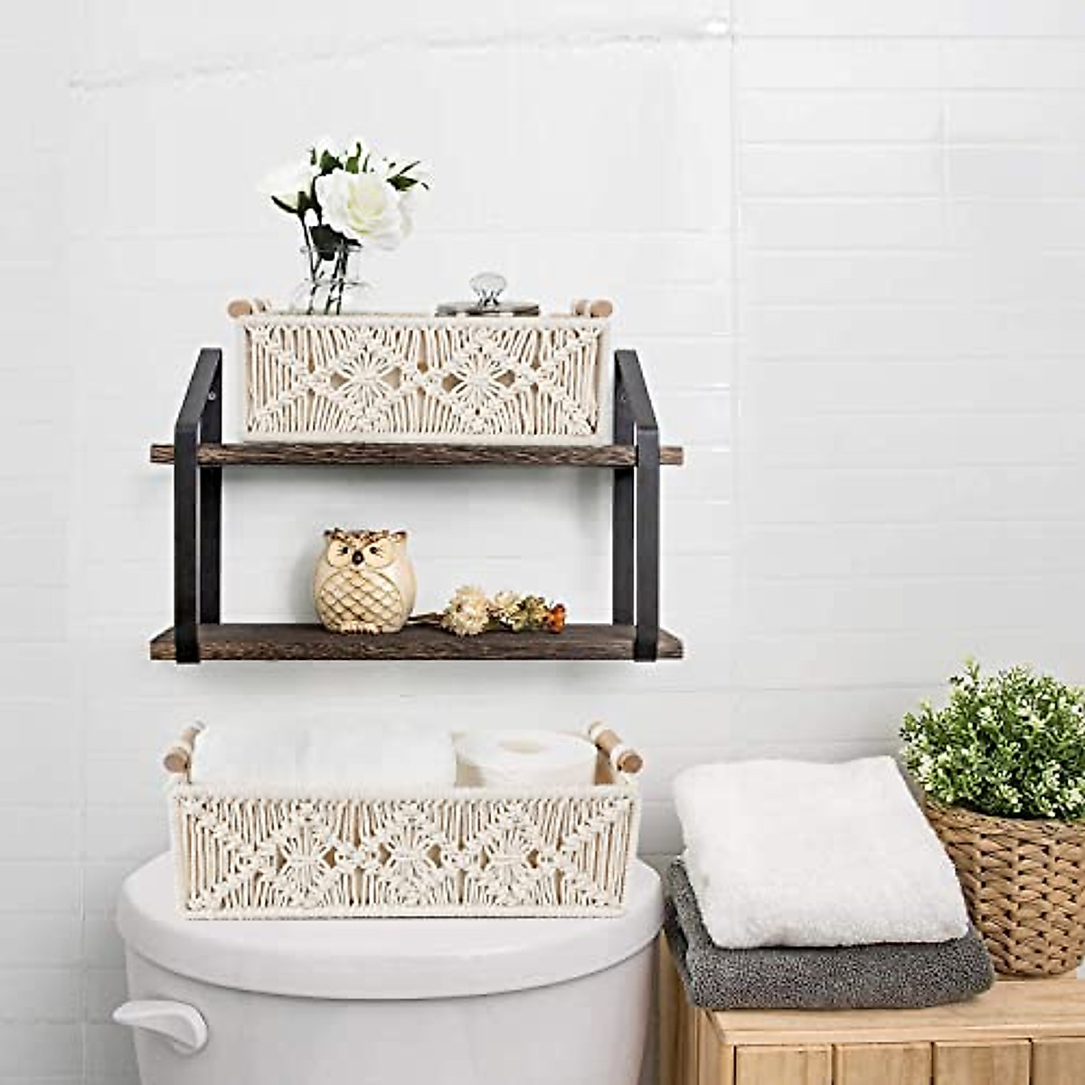 Taufey Macrame Storage Baskets Boho Decor Box Handmade Woven Decorative Countertop Toilet Tank Shelf Cabinet Organizer for Bedroom Living Room Nursery, Set of 2