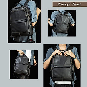 PAHVRION Vintage Genuine Leather 15.6 Inch Laptop Backpack, Hiking Travel Bag Anti Theft Camping Daypack School College Bookbag, Black