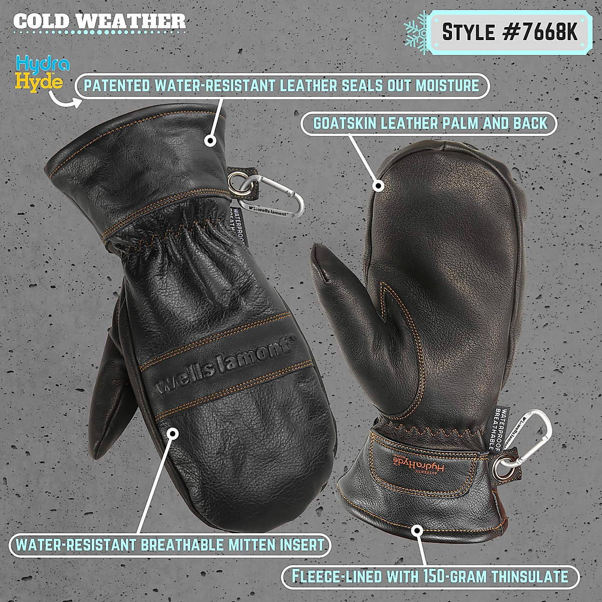 Wells Lamont Men's Black HydraHyde Leather Winter Mittens, Waterproof Insert, X-Large (7668XLK)