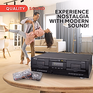 PyleUsa Dual Stereo Cassette Tape Deck-Double Cassette Recorder w/ MP3 Music Converter, RCA for Recording, Dubbing, USB, Retro Design - for Standard/CrO2 Tapes, Home Use