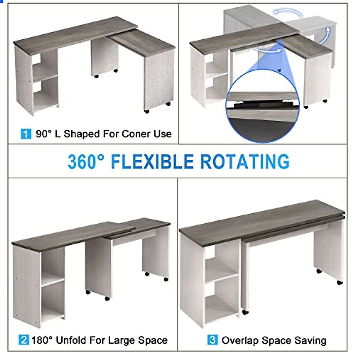 DOSLEEPS L Shaped Desk with Storage 360° Rotating Computer Desk, Modern Wood Entryway Console Table, Home Office Desk,Grey & White.