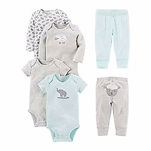 Simple Joys by Carter's Unisex Babies' 6-Piece Bodysuits (Short and Long Sleeve) and Pants Set, Grey/Mint Green/Elephant/Lamb, 0-3 Months