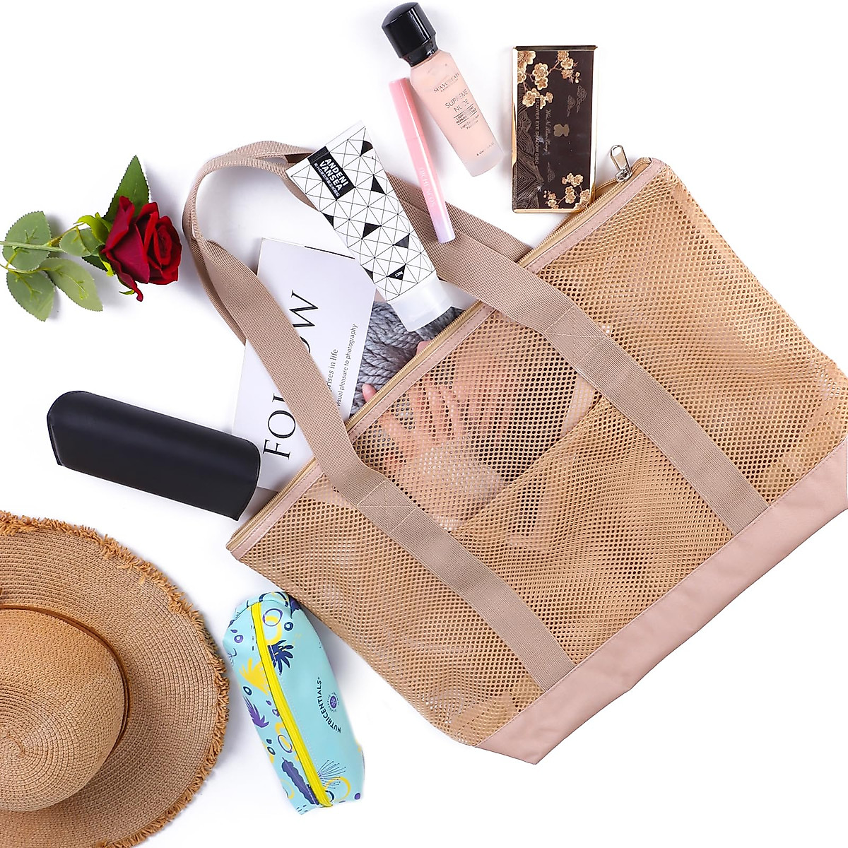 Mesh Beach Bags, Grocery Produce Tote Bag with Zipper & Pockets for Gym, Picnic, Shopping or Travel