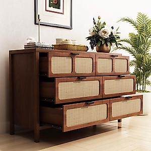 QEIUZON 6 Drawer Dresser, Modern Rattan Dresser Chest with Wide Drawers and Metal Handles, Farmhouse Wood Storage Chest of Drawers for Bedroom, Living Room, Entryway (Walnut-6 Drawers)