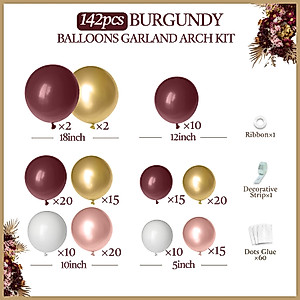 142pcs Burgundy Balloon Arch Garland Kit with Metallic Rose Gold Maroon Gold Balloons for Birthday Baby Shower Valentines Day Bridal Shower Wedding Engagement Bachelorette Party Decorations