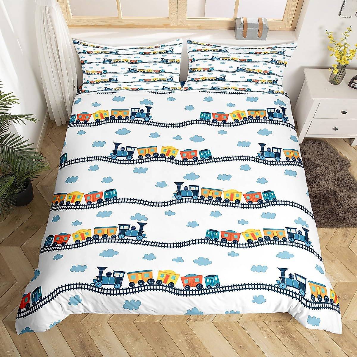 Erosebridal Cute Steam Engine Bed Sets for Kids Toddlers Kawaii Train Comforter Cover Construction Vehicles Duvet Cover Queen Cartoon Railway Bedding Set Boys Car Theme Bedspread Cover 3pcs