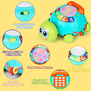 kramow Musical Turtle Toy, Early Educational Developmental Toys, Baby Learning Toy W/Lights & Sounds, Pretend Phone Call,Crawling Baby Toy