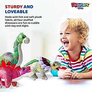 BUILD ME Plush Dinosaur Stuffed Animal Set of 4 Soft Dinosaurs, 12" Stuffed Dinosaur Set Includes T-Rex Brachiosaurus Stegosaurus and Triceratops Toys for Boys, Volcano Toys for Kids 3-5
