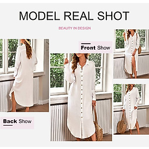 Dokotoo Womens Plus Size Casual Summer Spring Wrap Button Down Front Cotton Long Sleeve Maxi Dress Long Cardigan Beach Boho Cover Ups Shirt Dresses for Women 2023 White Small