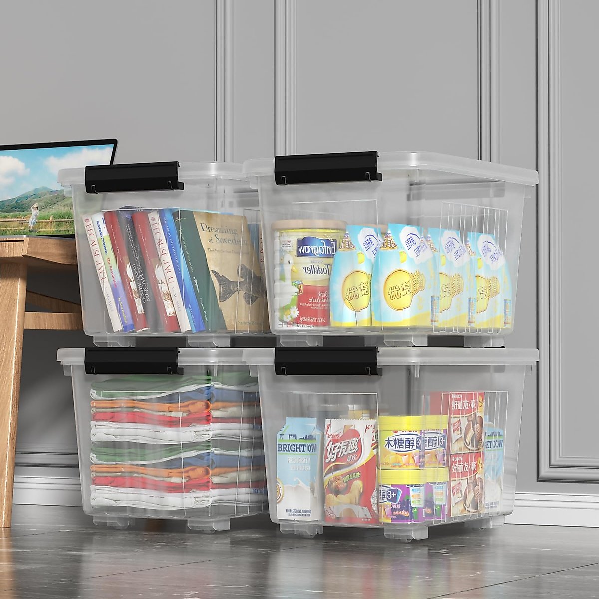 Zopnny 30 Quart Plastic Stacker Box, Large Storage Bin Container with Latching Lids and Wheels for Home and Garage Organizing, Shoes, Tools, Clear Base, 4-Pack